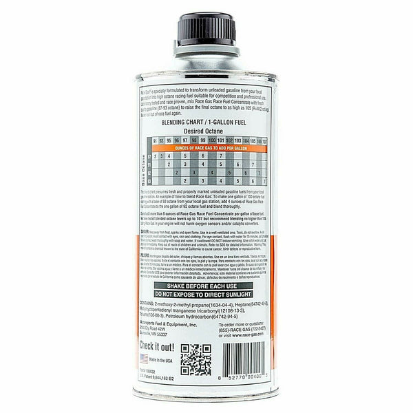 Race Gas 16oz Octane Booster 105 MAX 100016 Race Fuel Conc. (Authorize ...